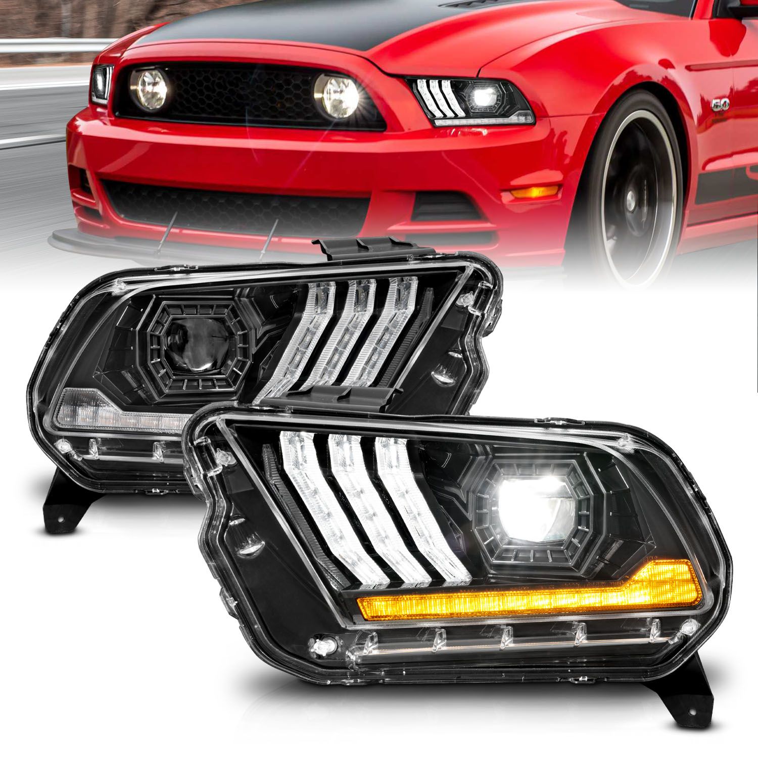 Ford Mustang 13-14 Full LED Light Bar Style Projector Headlights Black ...